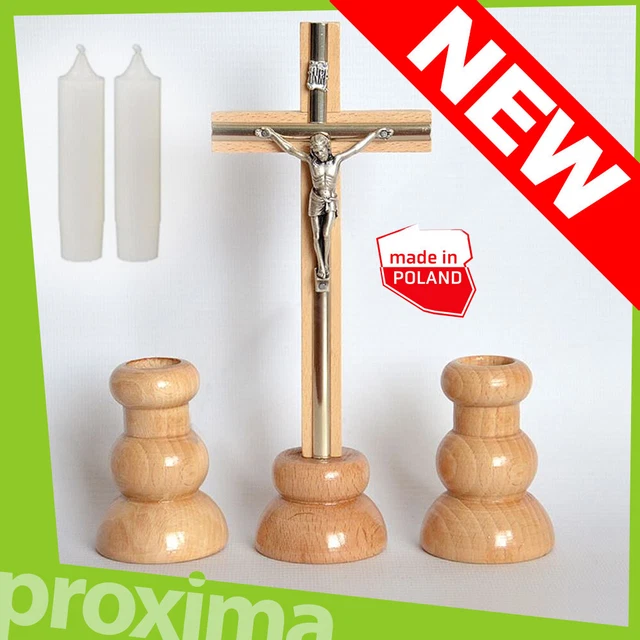 DREWNIANY KATOLICKI ZESTAW Komplet Koledowy na Kolede Krzyz Swieczniki ...