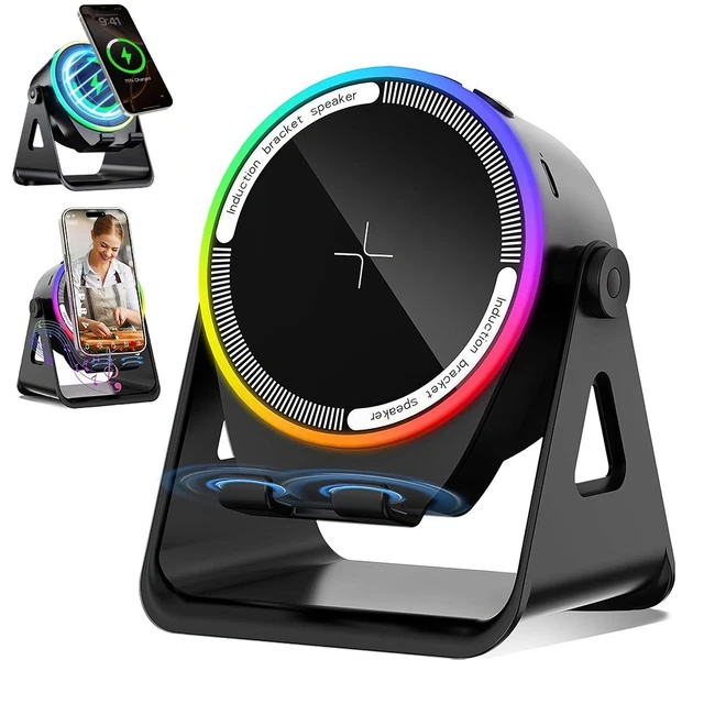 WIRELESS INDUCTION SPEAKER 6-in-1 Bluetooth 5.3 Phone Stand with 360 ...