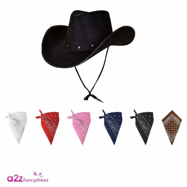 ADULT TEXAN COWBOY Black Hat + Bandana Scarf Wild Western Fancy Dress ...