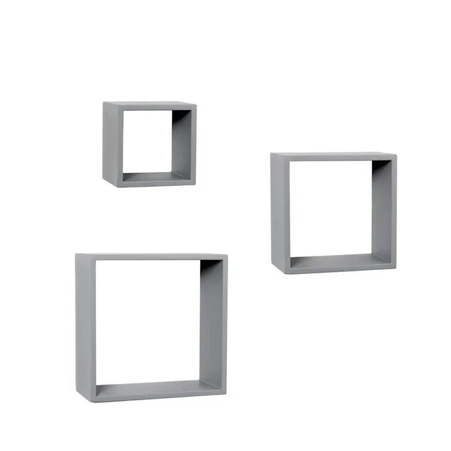 SET OF 3 Grey Cube Floating Wall Shelves Interior Display Unit Storage ...
