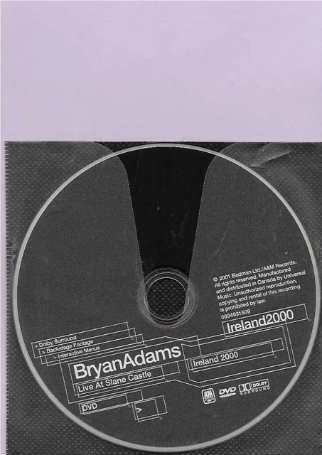 BRYAN ADAMS: LIVE at Slane Castle (2001) - DVD - DISC ONLY - Concert - Ireland EUR 2,53 ...