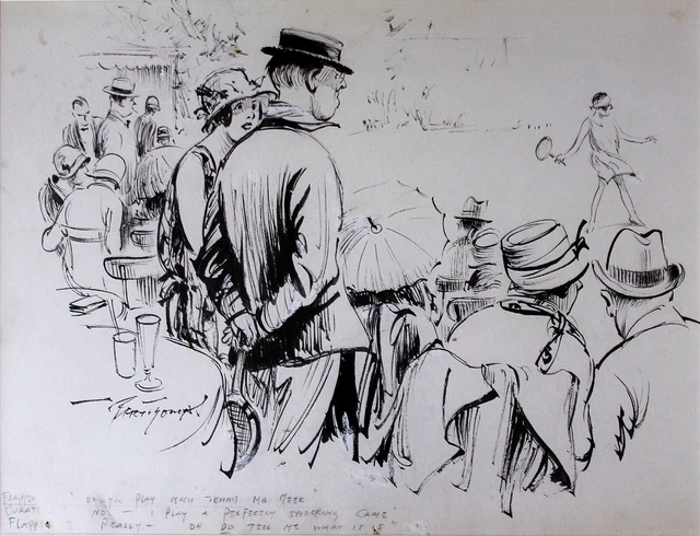 1930'S BERT THOMAS Tennis cartoon lady spectator talking to Vicar ...