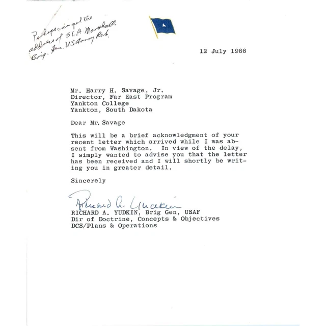 US AIR FORCE Official Letterhead Memo Brig Gen Richard A. Yudkin 1966 ...
