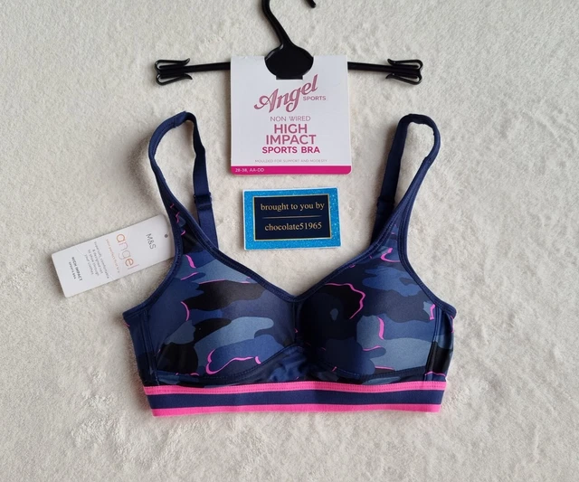 NEW M&S &ANGEL& NON WIRED HIGH IMPACT SPORTS BRA SIZE 28B in INDIGO MIX ...