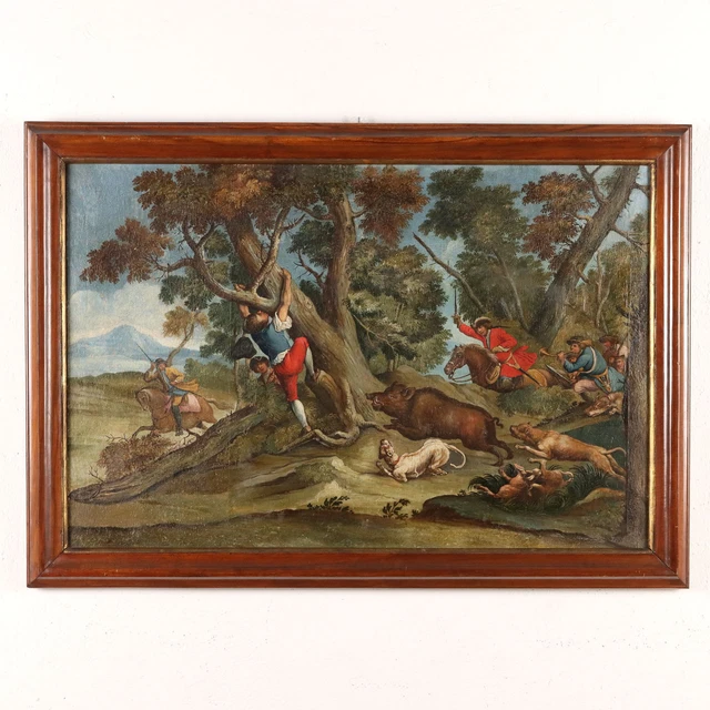 TABLEAU ANCIEN AVEC Scène de Chasse au Sanglier Huile sur Toile EUR 2. ...