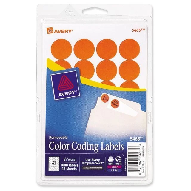 AVERY PRINTABLE REMOVABLE Color-Coding Labels 3/4" dia Orange 1008/Pack ...