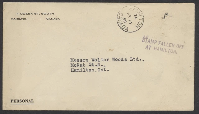 1939 STAMP FALLEN OFF AT HAMILTON Handstamp on Cover to Local Address ...