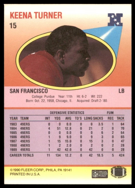 1990 FLEER KEENA Turner #15 49ers de San Francisco EUR 1,10 - PicClick FR