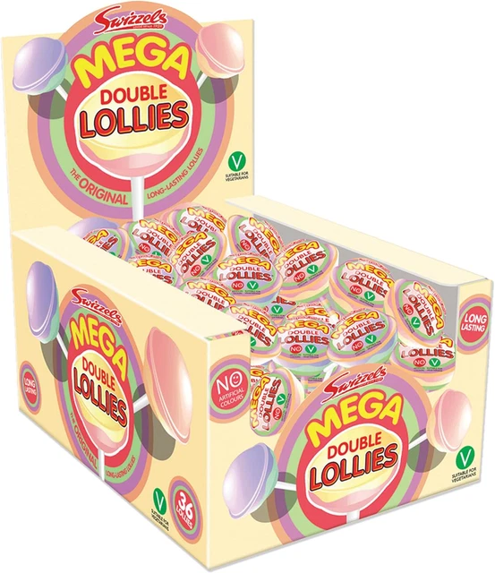 SWIZZELS MEGA DOUBLE Lollies, Fruit Flavoured Lollipop Sweet Box 36 ...