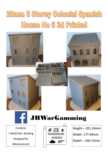 28MM 2 STOREY Colonial Spanish House No 9 3d Printed scenery Bolt Etc ...