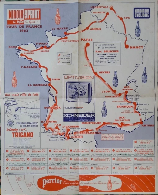 CARTE DU TOUR De France 1962 Miroir Sprint Perrier VGC Old Bike MAP EUR ...