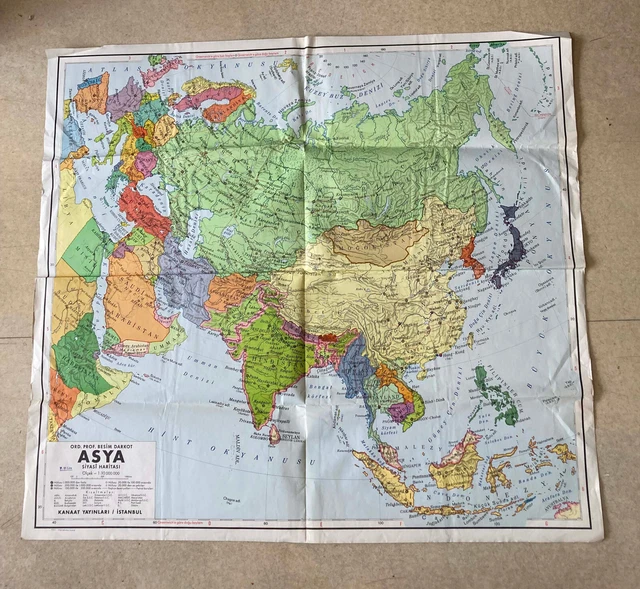 ASIA POLITICAL MAP 1960s India, China, Saudi Arabia, 120*120 cm Turkish ...