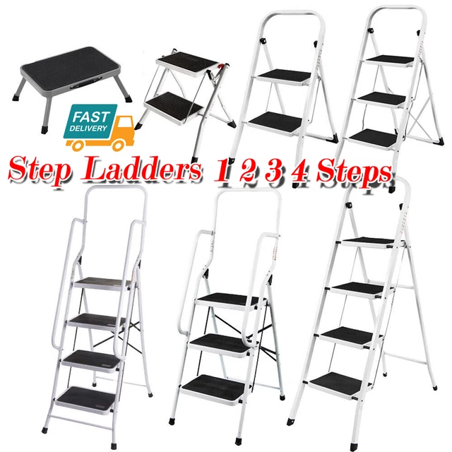 FOLDING 1 2 3 4 Step Ladder Safety Non Slip Small Stool Ladders Kitchen ...