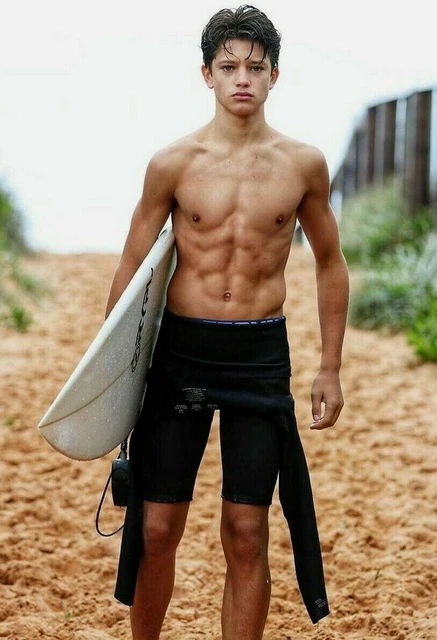 Shirtless Male Muscular Abs Jock Hunk Beefcake Surfer Board Beach Photo
