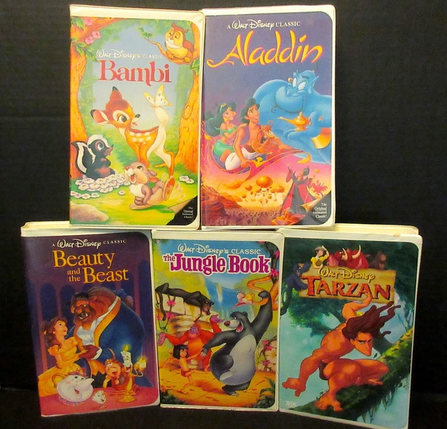 DISNEY CLAMSHELL MOVIES VHS x 5 LOT "Bambi, Aladdin, Tarzan, etc" ~NICE ...
