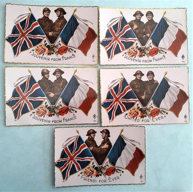 LOT DE 5 CPA RARES MILITAIRES PATRIOTIQUES FRANCE / GB ANGLAIS 1914 WW1 ...