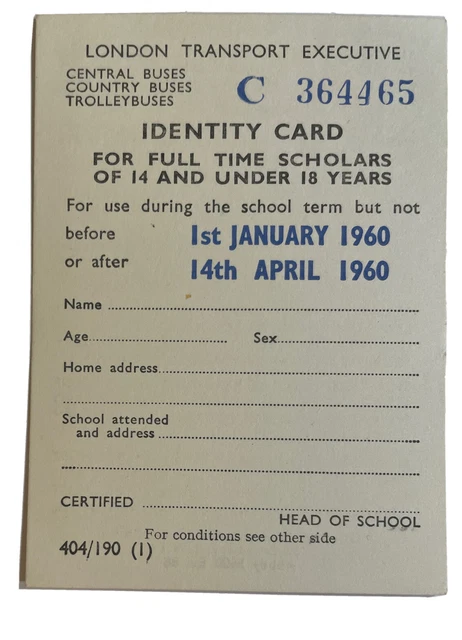 VINTAGE LONDON TRANSPORT Bus Ticket - SCHOLARS IDENTITY CARD 1960 - 43 ...