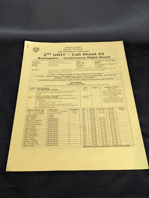 HARRY POTTER & The Deathly Hallows Call Sheet 55 Bovingdon Scene ...