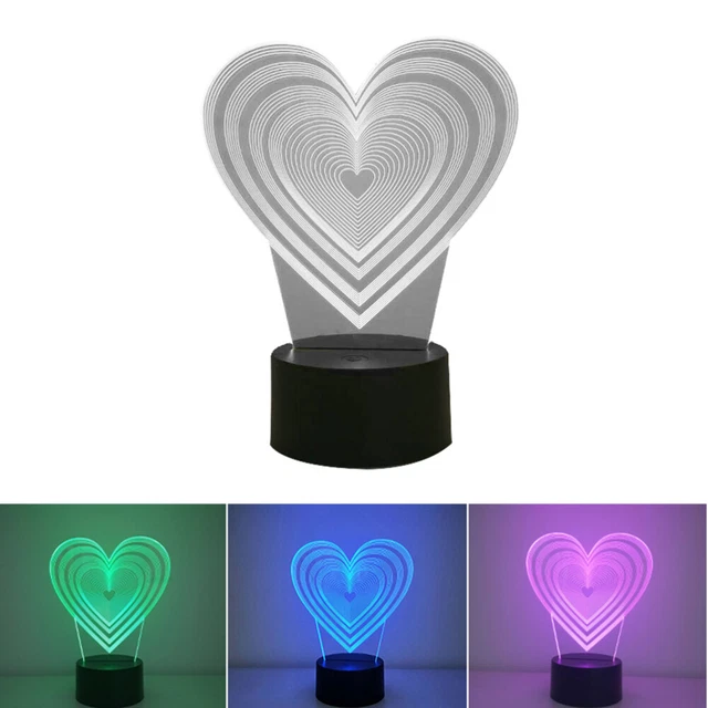 HEART SHAPE 3D Optical Illusion LED Light USB Night Light Bedroom Table ...