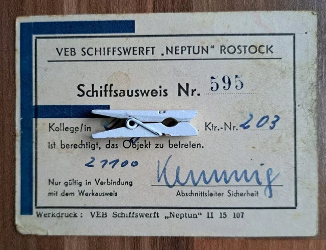 VEB SCHIFFSWERFT NEPTUN Schiff Werkdruck Ausweis Mecklenburg Rostock ...