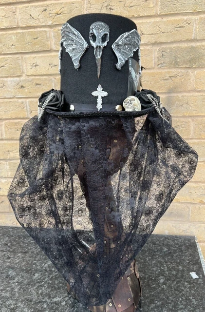 UNIQUE BLACK GOTHIC Top Hat Bat Skulls Wings Crosses Roses Card Veil ...