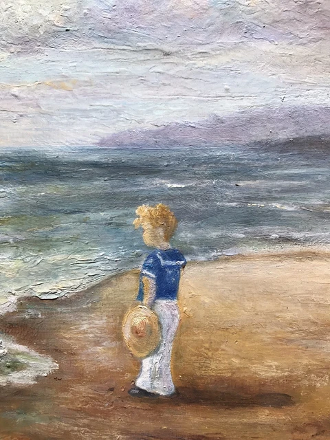 VINTAGE IMPRESSIONIST OIL Painting- Boy On Beach/ Boats/ Coastal ...