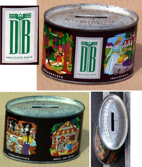 DRESDNER BANK SPARDOSE Blechdose c1950 GRIMM´s MÄRCHEN Schneewittchen ...