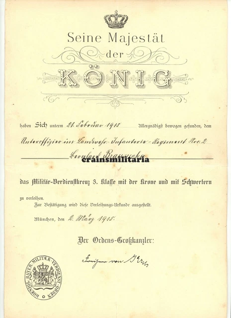 ORIG. URKUNDE MILITÄR-VERDIENSTKREUZ 3. Klasse mit Krone Schwertern Bayern 1915 EUR 20,50 ...