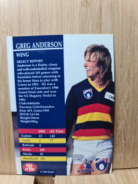 GREG ANDERSON🏆1995 SELECT #151 CROWS AFL Trading Card 🏆FREE POSTf EUR 1 ...