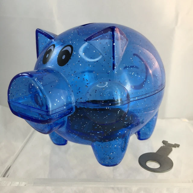 RABOBANK CLEAR BLUE Sparkle Pig w/ Key Piggy Money Bank Box Piggybank ...