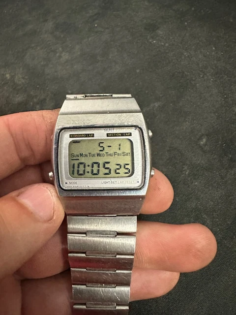 VINTAGE SEIKO A229-5000 Digital Watch Japan Chronograph LCD Mens Silver ...