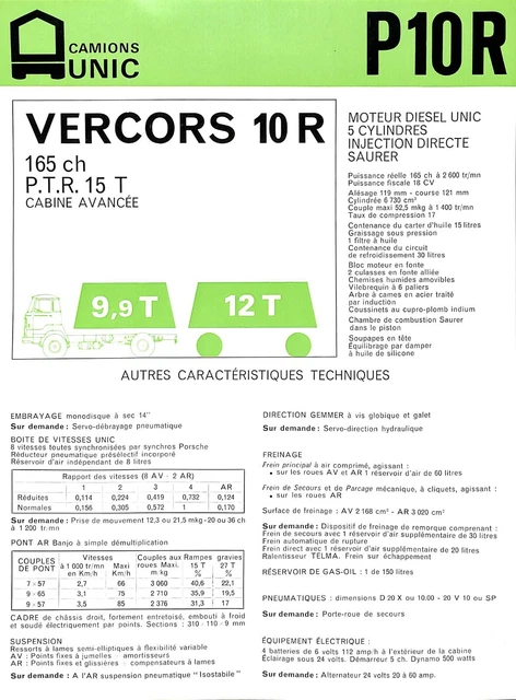 UNIC / FICHE TECHNIQUE / CAMION VERCORS P 10 R / CABINE AVANCÉE de 11/ ...