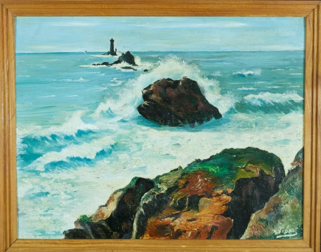 BEAU TABLEAU ANCIEN marine bord de mer vague la pointe du raz A. Vidal ...