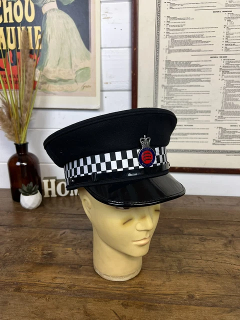 VINTAGE EX ESSEX Police Black Peak Cap 61cm Obsolete Badge Collector ...