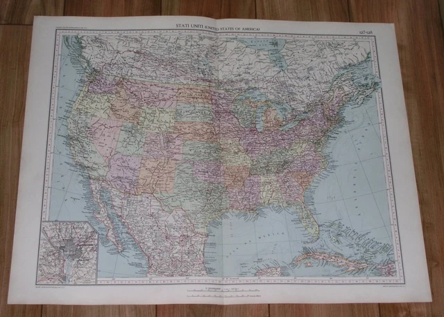 1927 RARE VINTAGE Italian Map Of United States Usa / Washington D.c ...