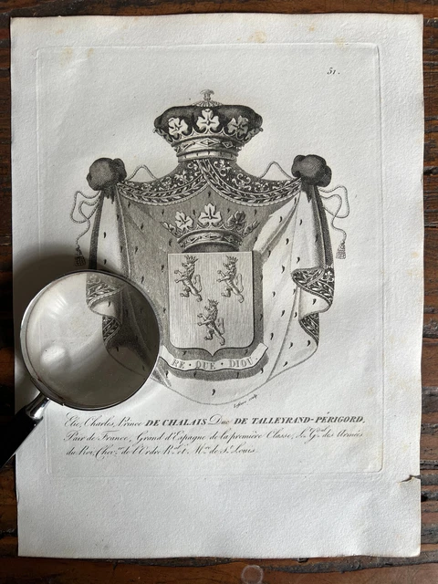 BLASON ARMOIRIE HÉRALDIQUE Gravure Prince de Chalais Duc De Tailleyrand ...