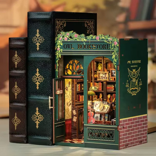 DIY BOOK NOOK Kit Wooden Miniature Dollhouse with Light Owl Bookstore ...