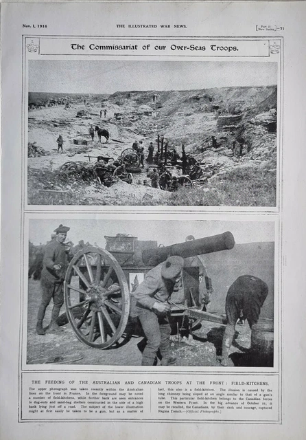 1916 WWI WW1 Print Feeding Australian & Canadian Troops At Front Field ...