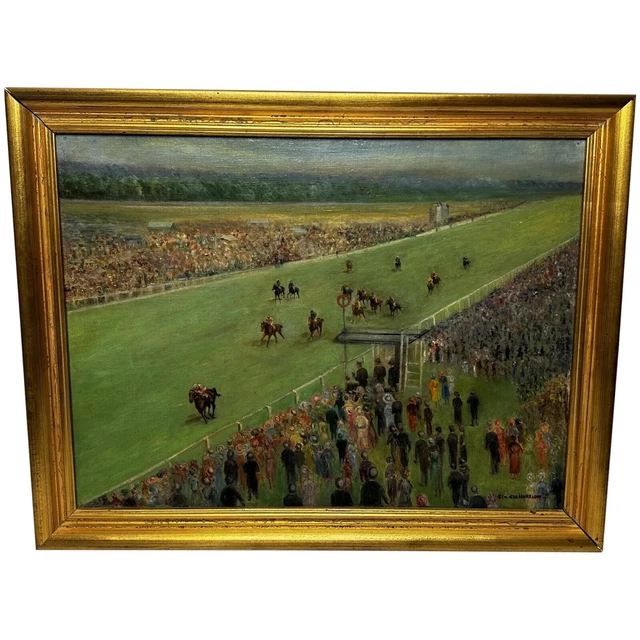 BRITISH IMPRESSIONIST HORSE Racing Sporting Oil Painting Winning At ...