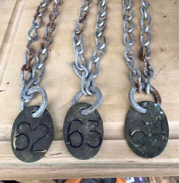 ANTIQUE VINTAGE BRASS COW CATTLE TAG & ORIGINAL CHAIN - Sequential 62 ...