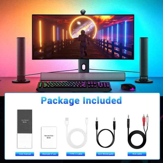 BLUETOOTH SOUNDBAR WIRED/WIRELESS AUX/RCA /TF/FM/TWS Remote Control ...