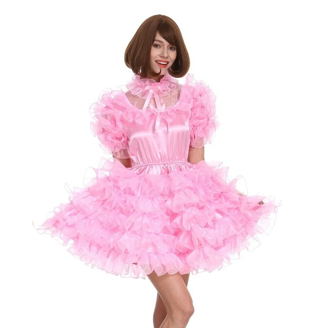 SISSY GIRL MAID Puff Sleeves Lockable Pink Dress Crossdress Cosplay ...
