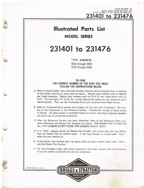 ELENCO PARTI ILLUSTRATE Motore Briggs & Stratton 1 Ciclo 231401 ...