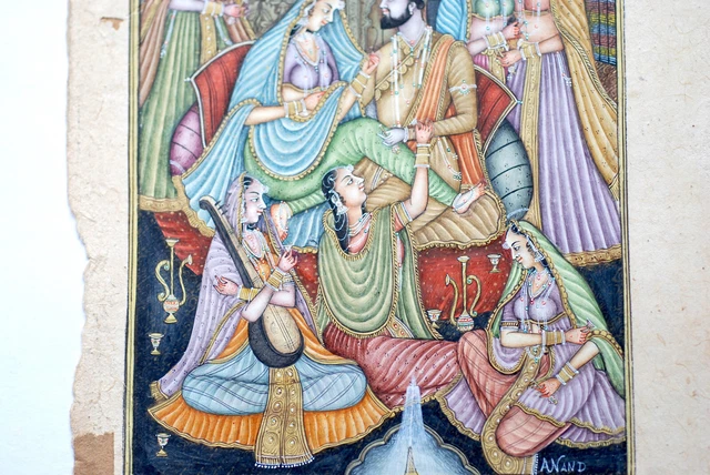 RAJPUT MINIATURE INDIAN WATERCOLOUR PAINTING (MUGHAL HAREM). Exquisite ...