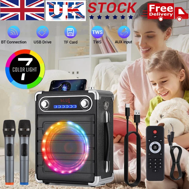 PORTABLE BLUETOOTH WIRELESS Karaoke Party Disco Speaker + 2 Microphone ...