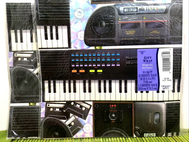 2 PACKS VINTAGE Hallmark Boom Box Synthesizer Tape Gift Wrap NEW Sealed ...