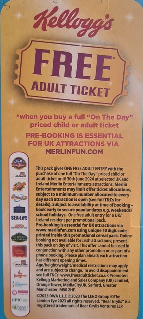 KELLOGG'S FREE ADULT Entry Ticket Merlin Theme Park Voucher with Code £ ...