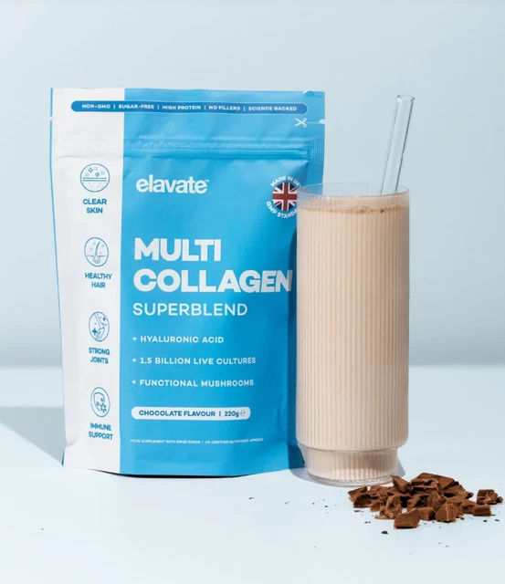 ELEVATE MULTI COLLAGEN Chocolate Flavour 220g Skin Hair Hyaluronic Acid Vitamins £30.83 ...