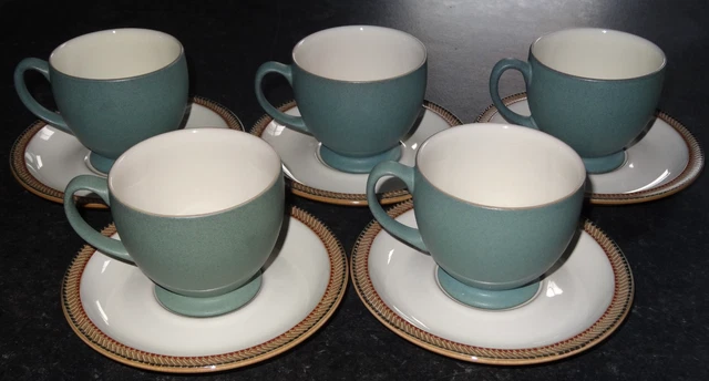 5 X DENBY LUXOR MATT GREEN TEA CUPS and SAUCERS SET VGC - BARGAIN! £21. ...