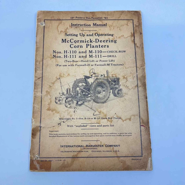 1940 MCCORMICK DEERING Corn Planters Farmall Tractors Owners Manual IH ...
